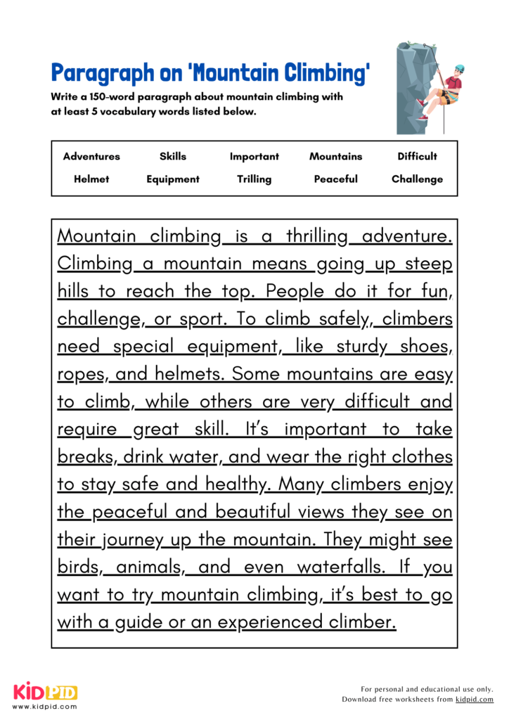Paragraph on 'Mountain Climbing' - Kidpid