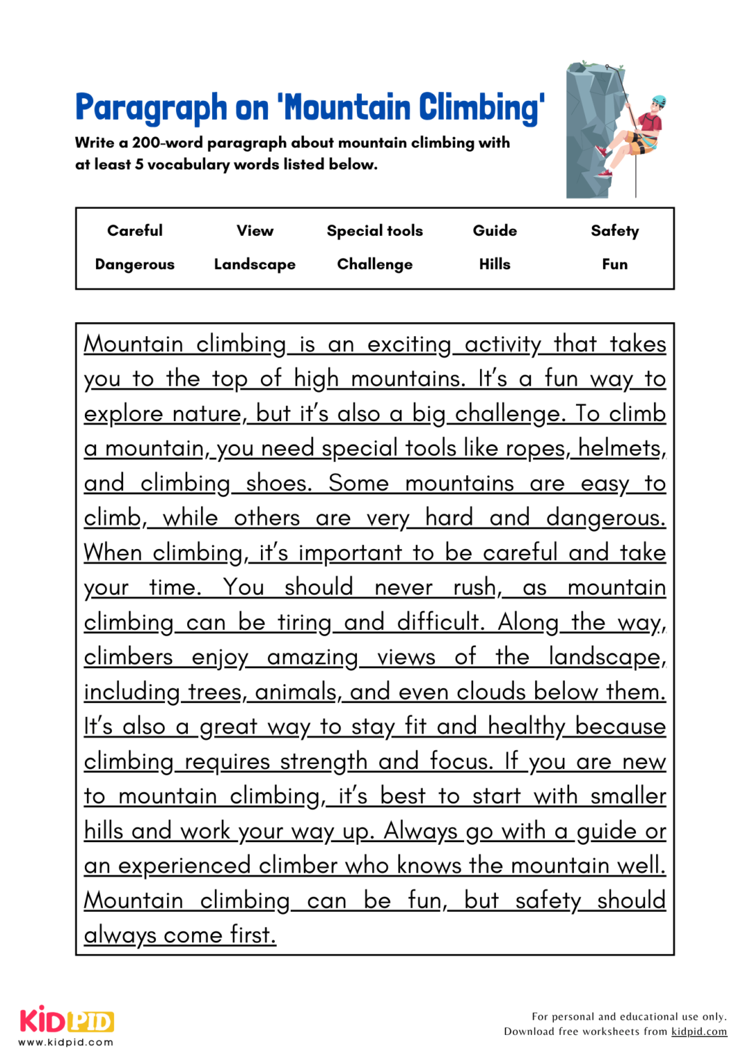 Paragraph on 'Mountain Climbing' - Kidpid