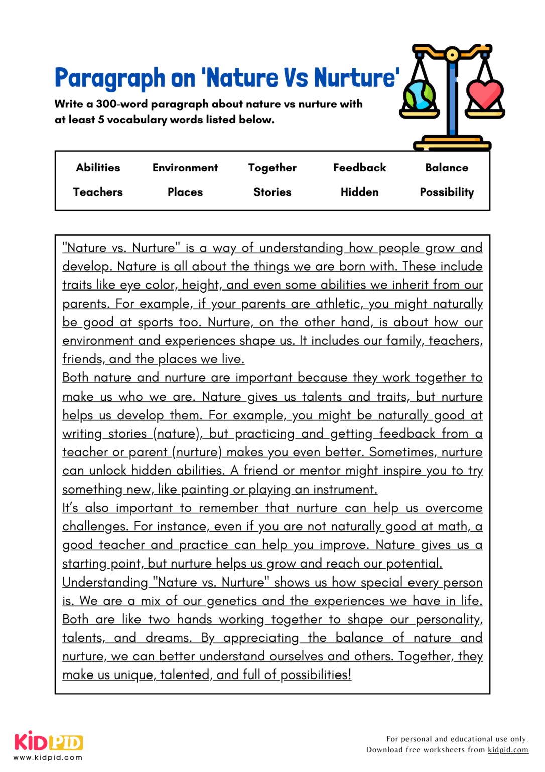 Paragraph on 'Nature Vs Nurture' - Kidpid
