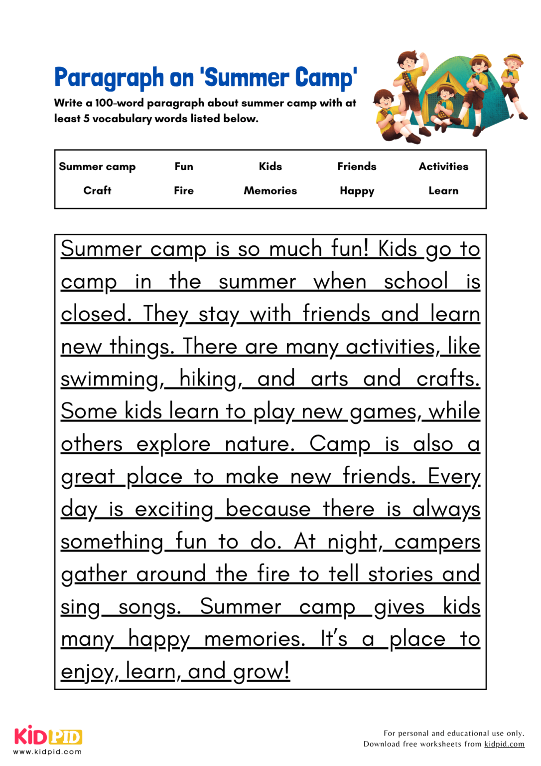 Paragraph on 'Summer Camp' - Kidpid