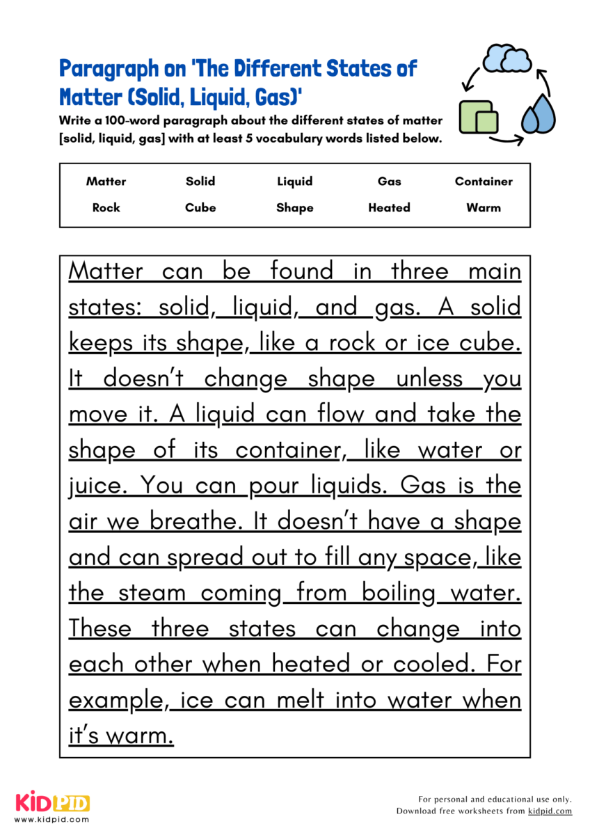 Paragraph on 'The Different States of Matter (Solid, Liquid, Gas)' - Kidpid