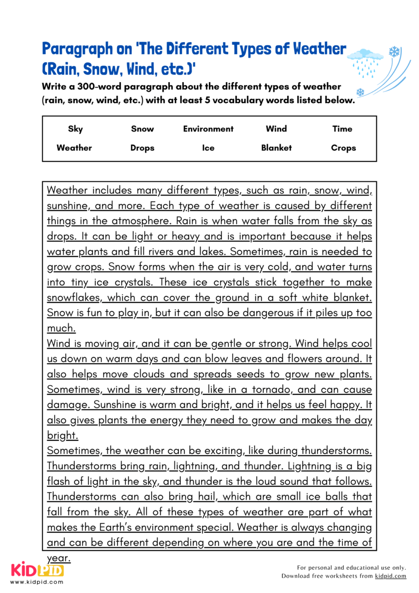 Paragraph on 'The Different Types of Weather (Rain, Snow, Wind, etc ...