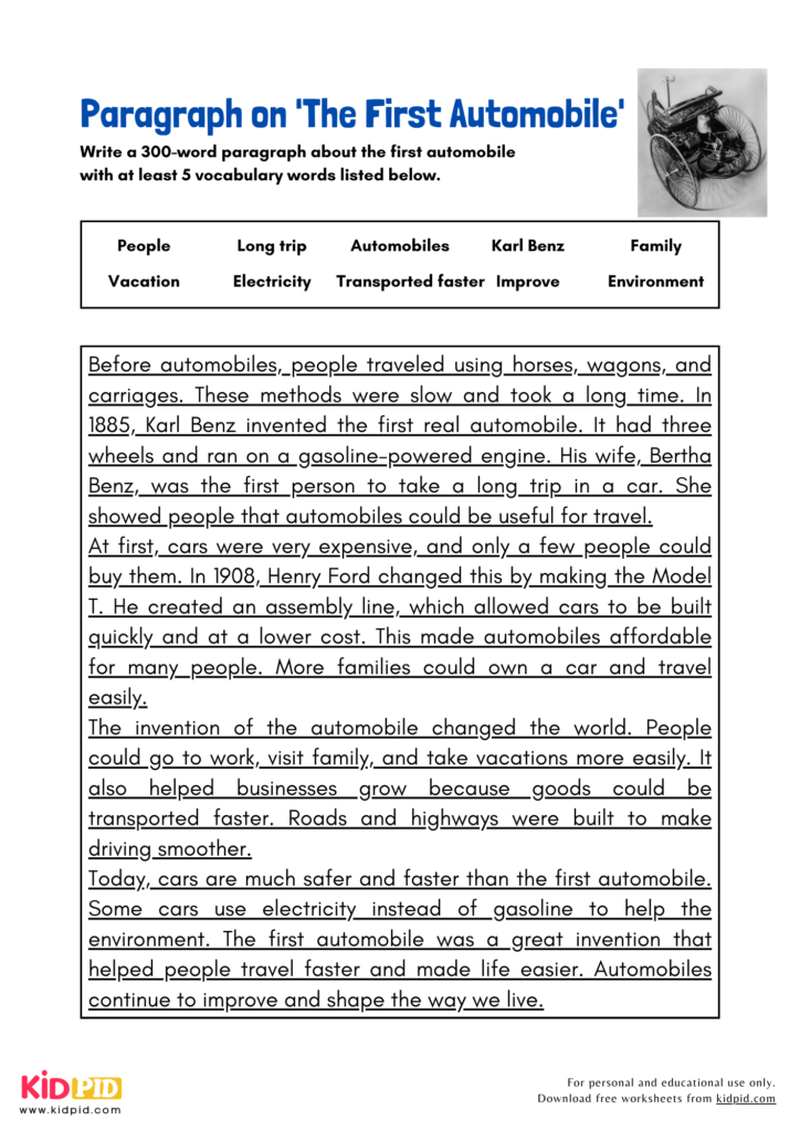 Paragraph on 'The First Automobile' - Kidpid