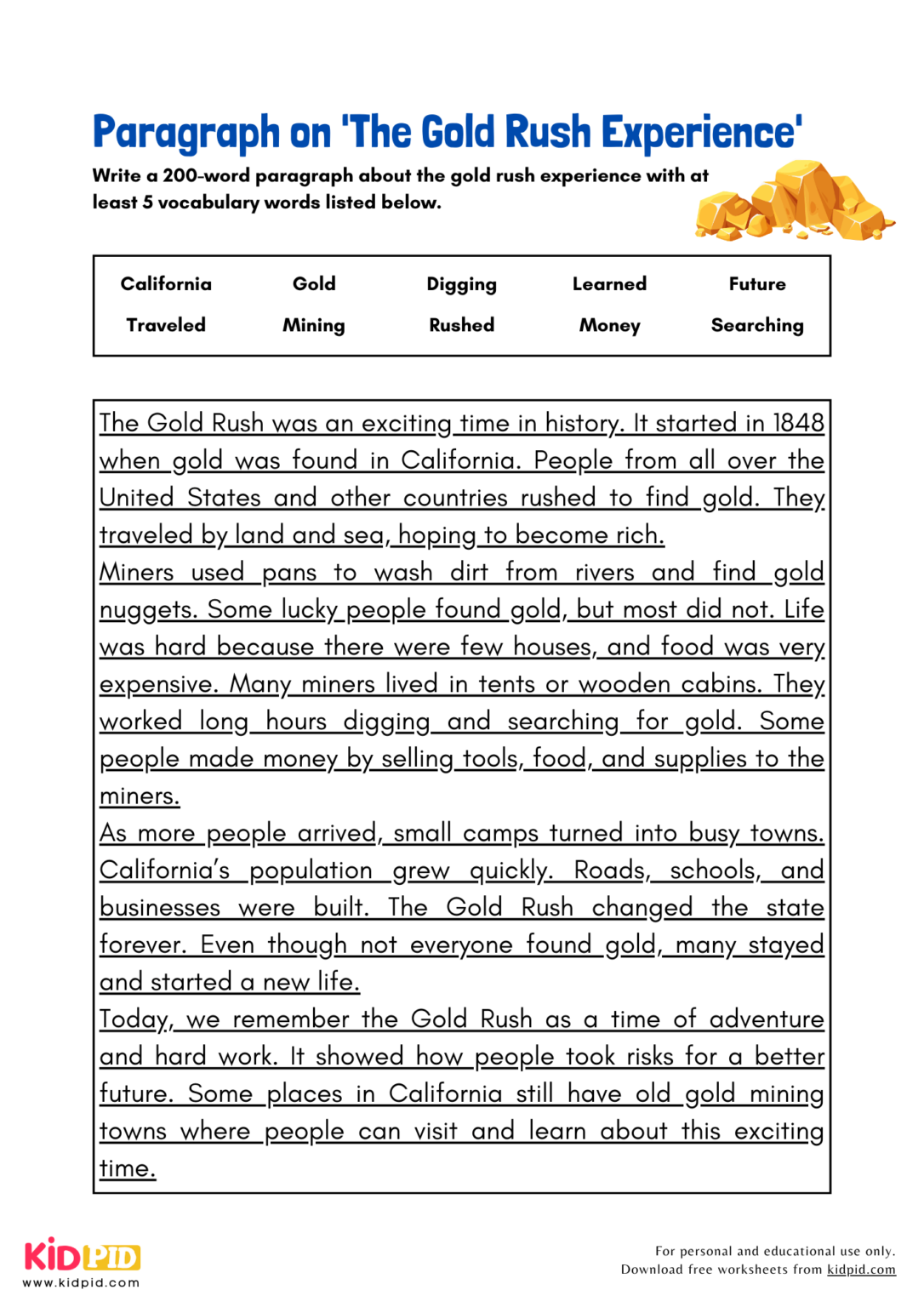 Paragraph on 'The Gold Rush Experience' - Kidpid