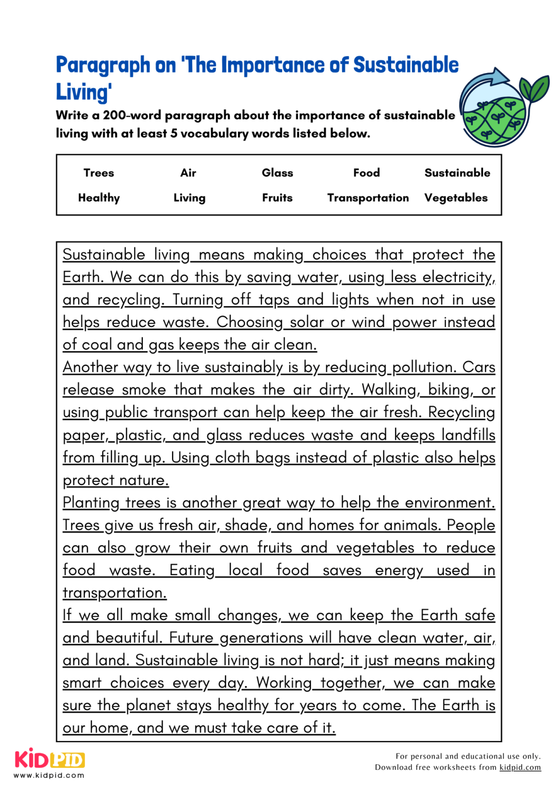 Paragraph on 'The Importance of Sustainable Living' - Kidpid