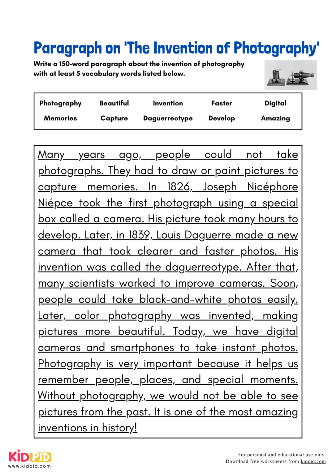 Paragraph on 'The Invention of Photography' - Kidpid