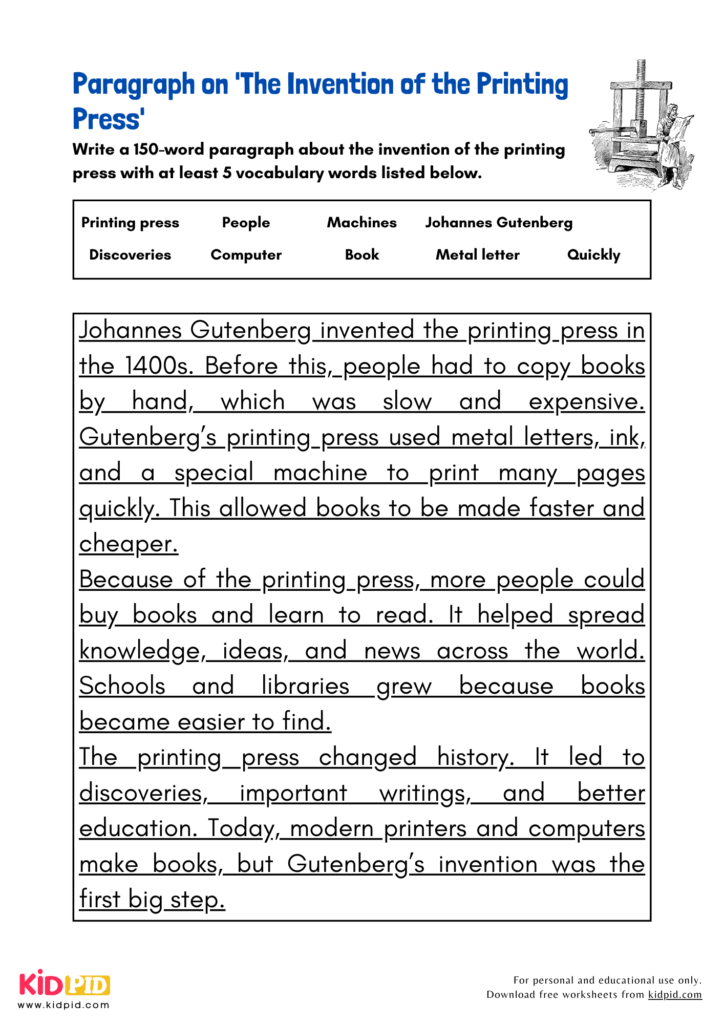 Paragraph on 'The Invention of the Printing Press' - Kidpid