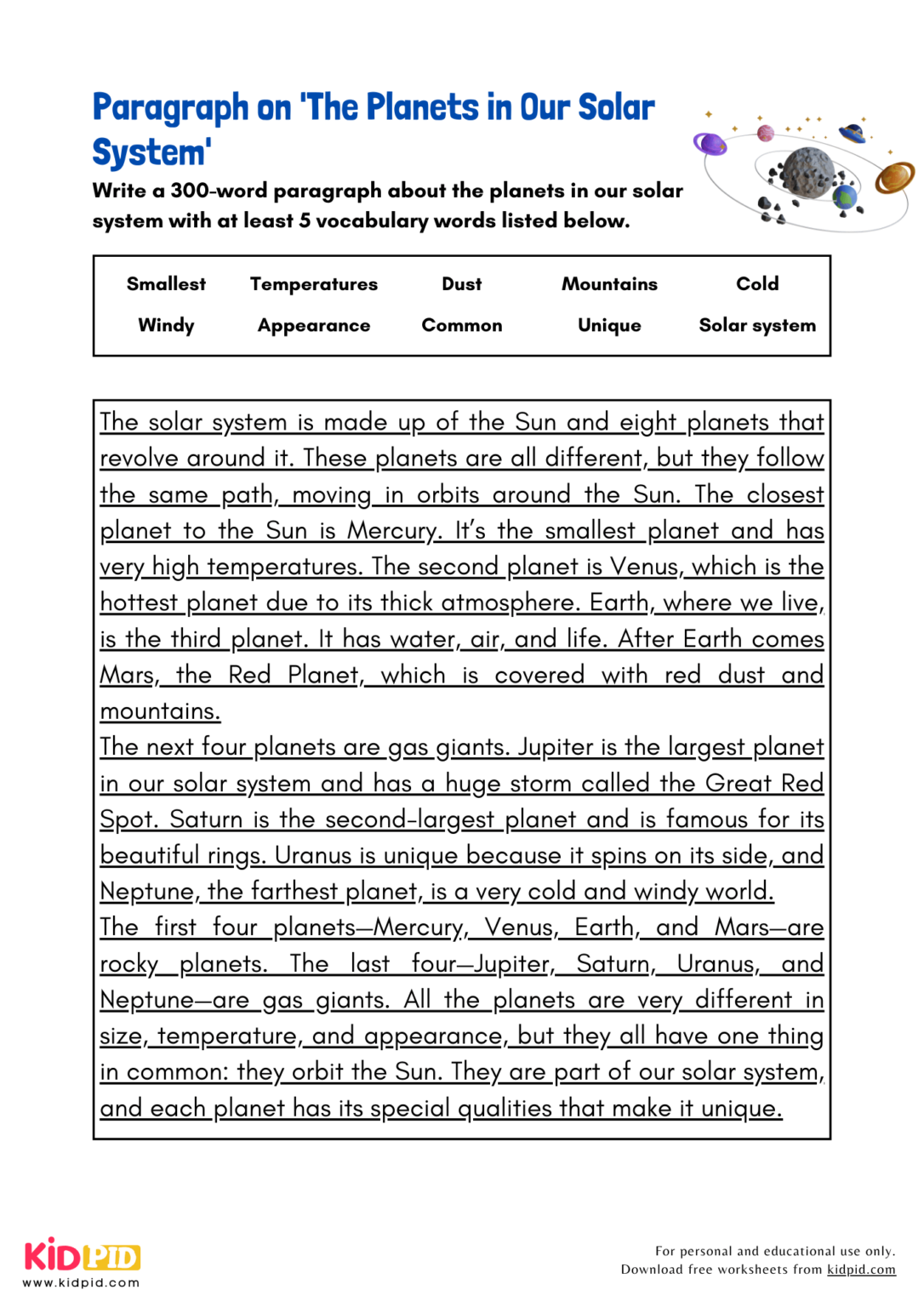 Paragraph on 'The Planets in Our Solar System' - Kidpid