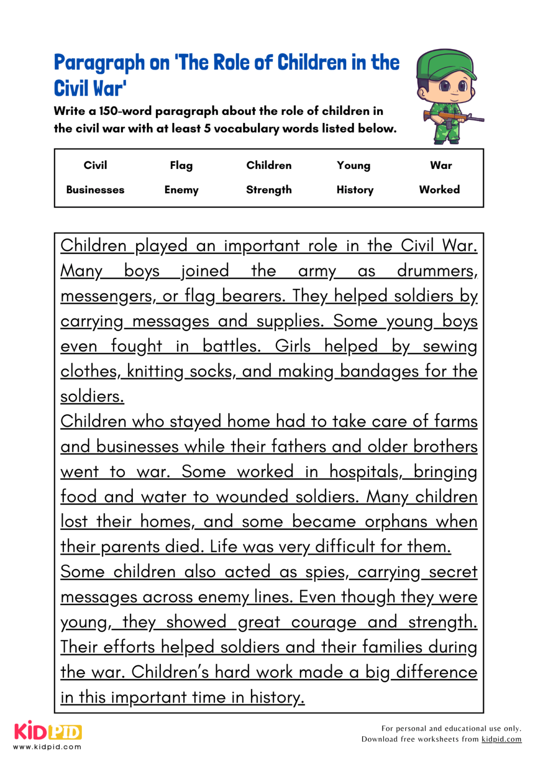Paragraph on 'The Role of Children in the Civil War' - Kidpid