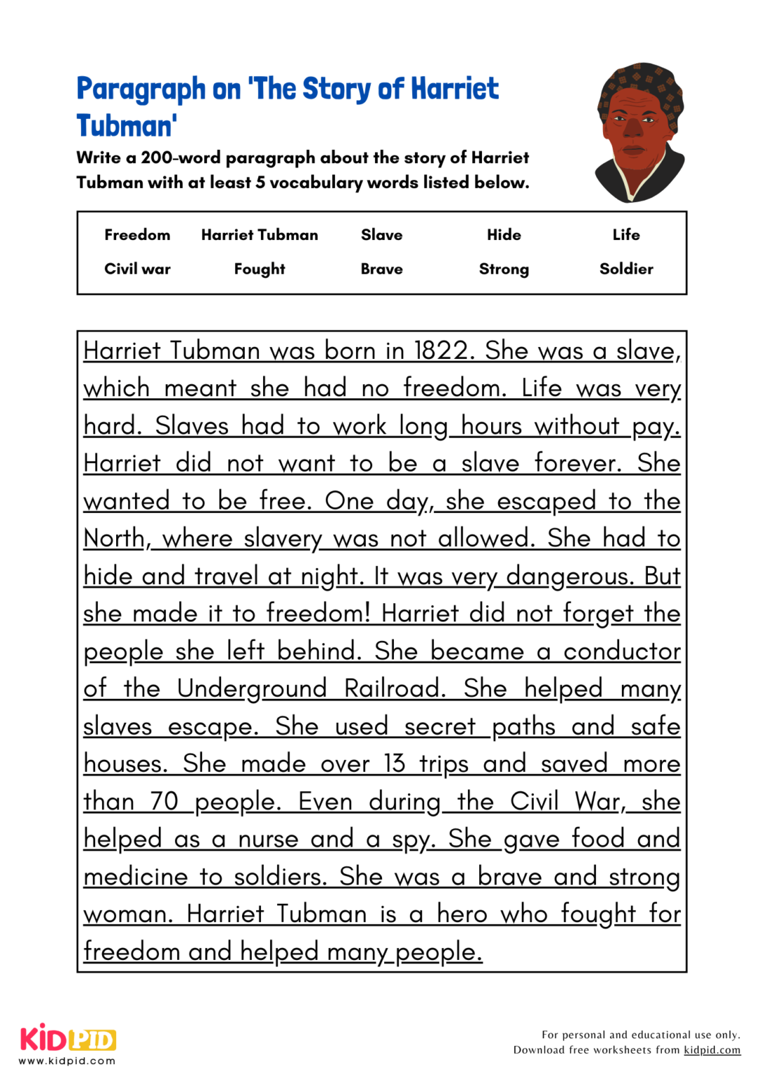 Paragraph on 'The Story of Harriet Tubman' - Kidpid