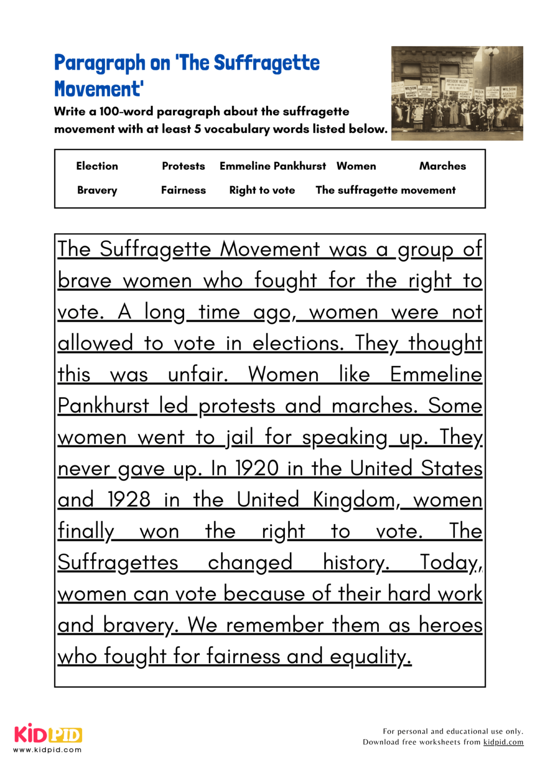 Paragraph on 'The Suffragette Movement' - Kidpid
