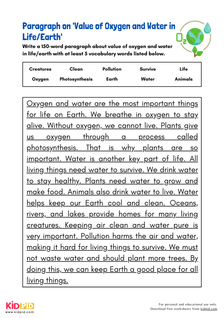 Paragraph on 'Value of Oxygen and Water in Life/Earth' - Kidpid