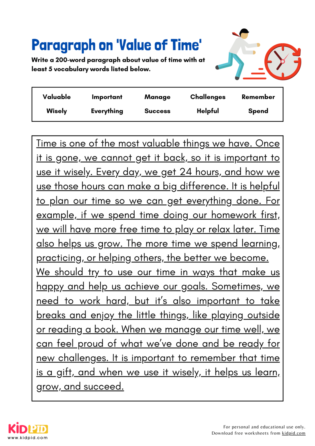Paragraph on 'Value of Time' - Kidpid