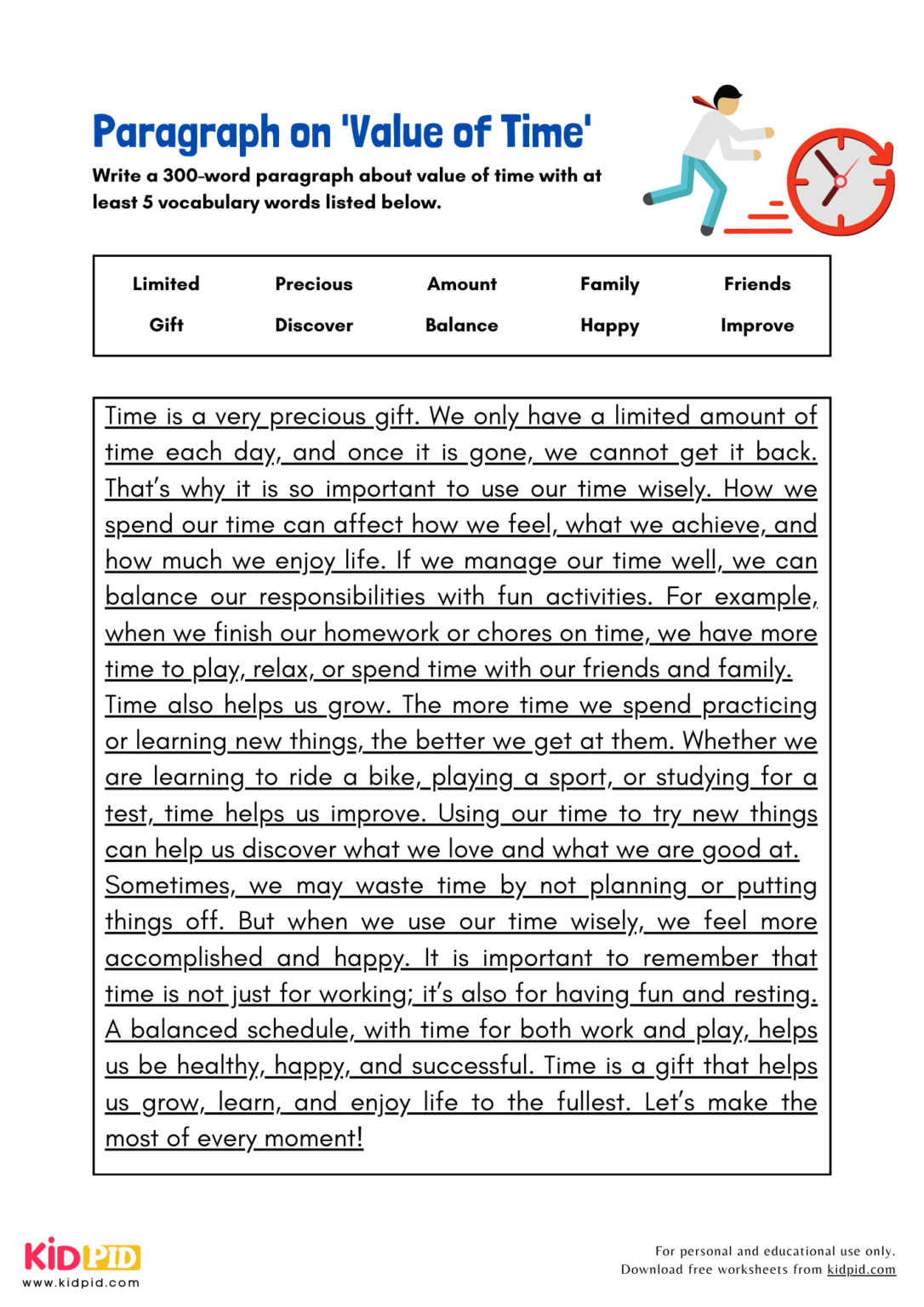 Paragraph on 'Value of Time' - Kidpid