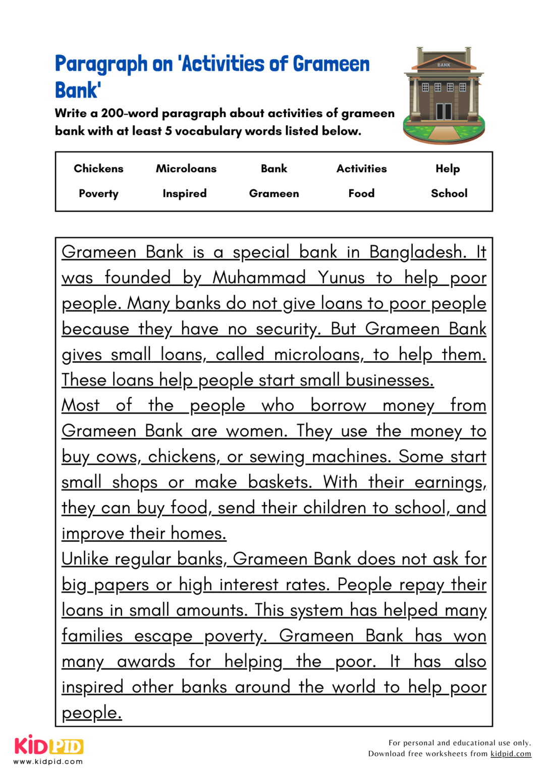 Paragraph on 'Activities of Grameen Bank' - Kidpid