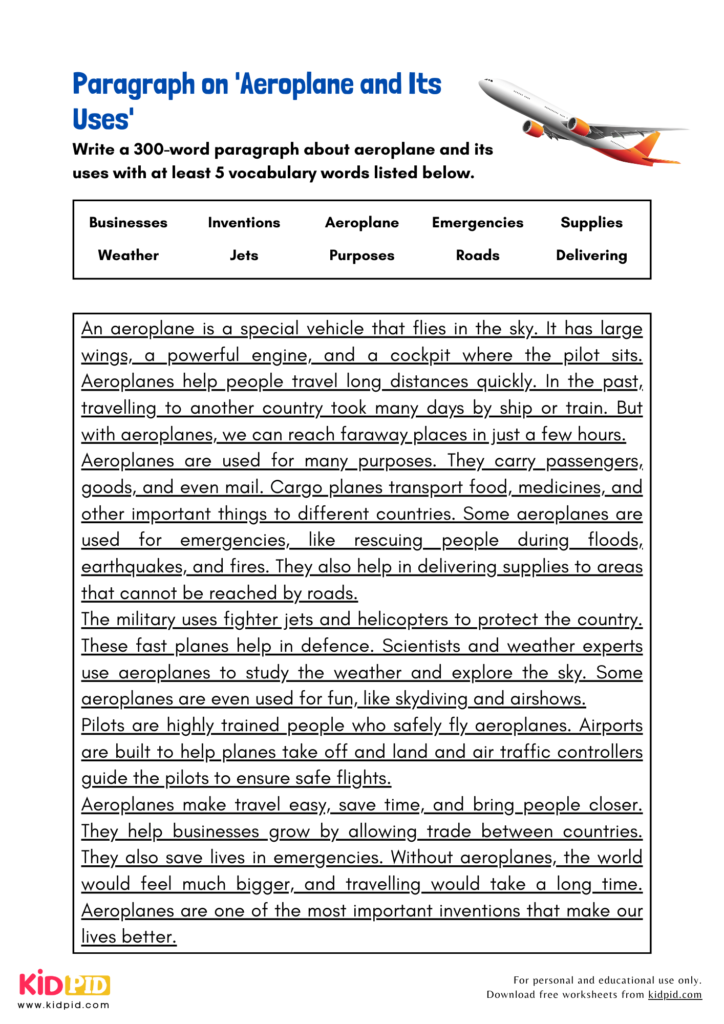 Paragraph on 'Aeroplane and Its Uses' - Kidpid