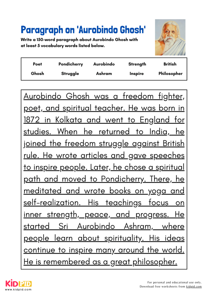 Paragraph on 'Aurobindo Ghosh' - Kidpid