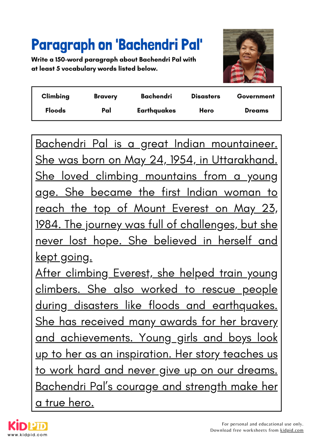Paragraph on 'Bachendri Pal' - Kidpid