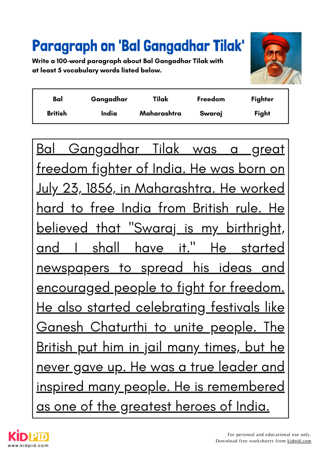 Paragraph on 'Bal Gangadhar Tilak' - Kidpid