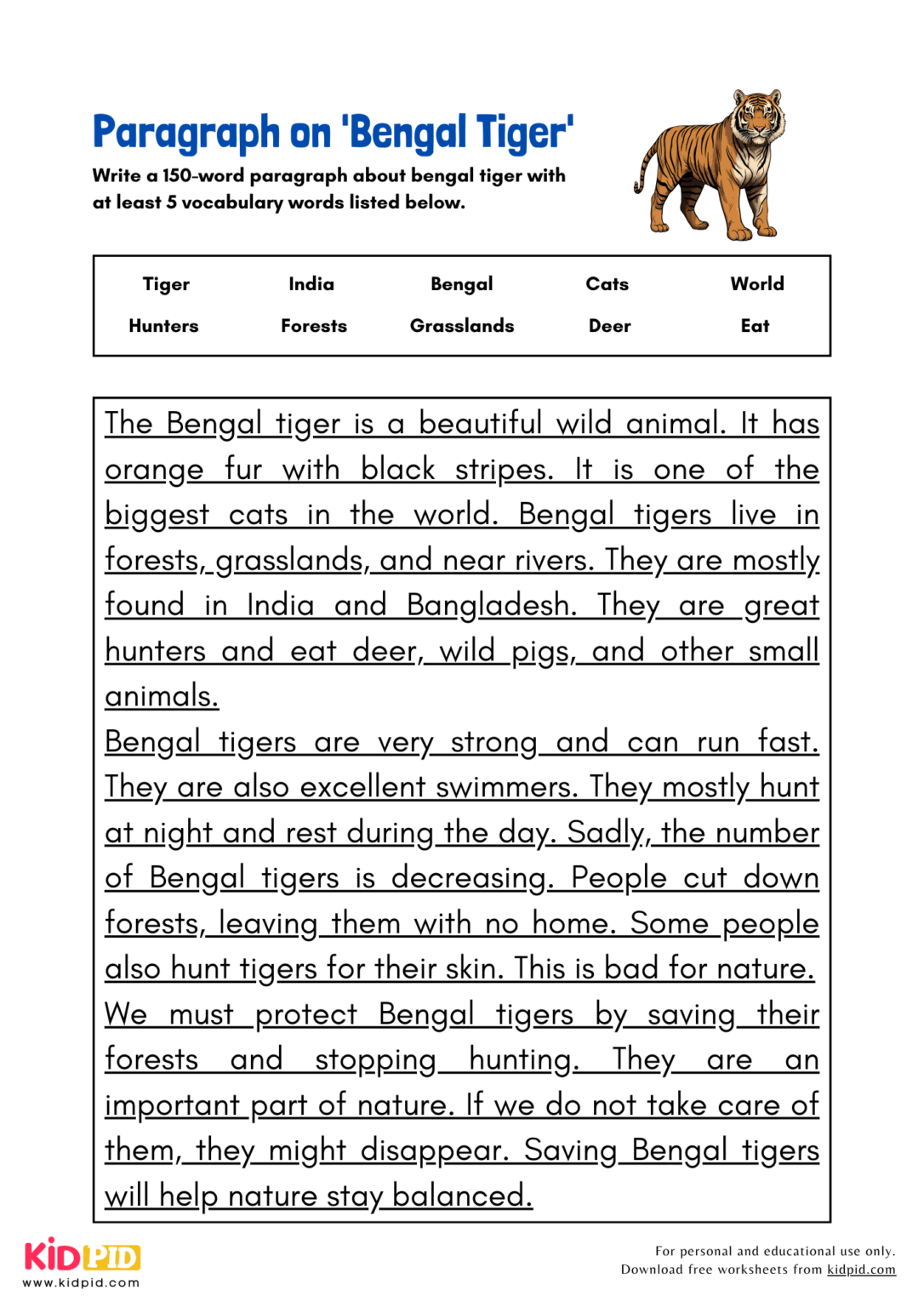 Paragraph on 'Bengal Tiger' - Kidpid