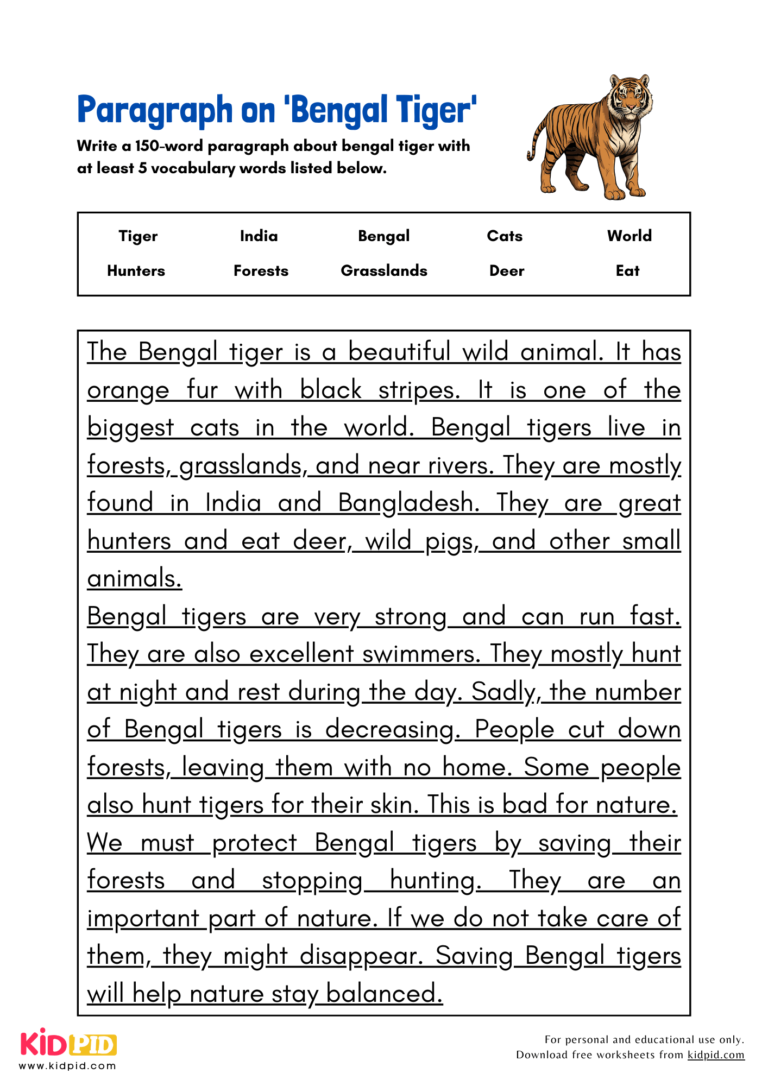 Paragraph on 'Bengal Tiger' - Kidpid