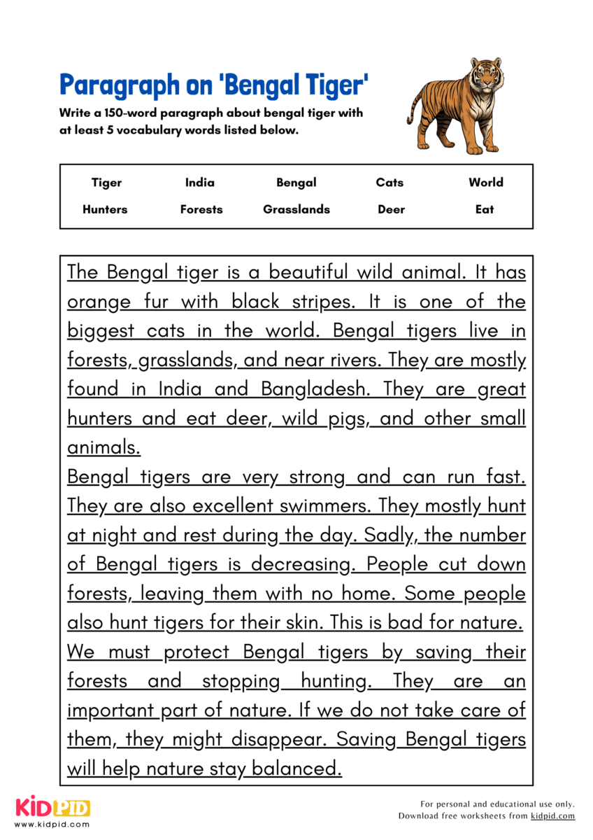 Paragraph on 'Bengal Tiger' - Kidpid