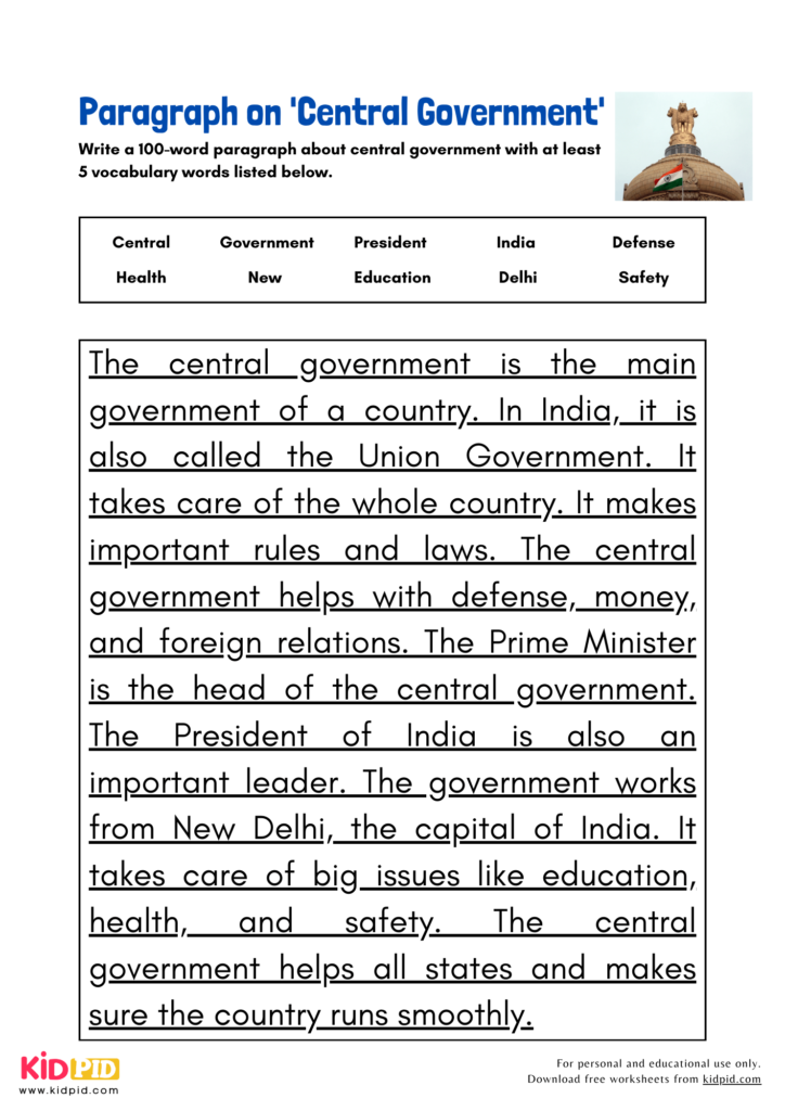 Paragraph on 'Central Government' - Kidpid