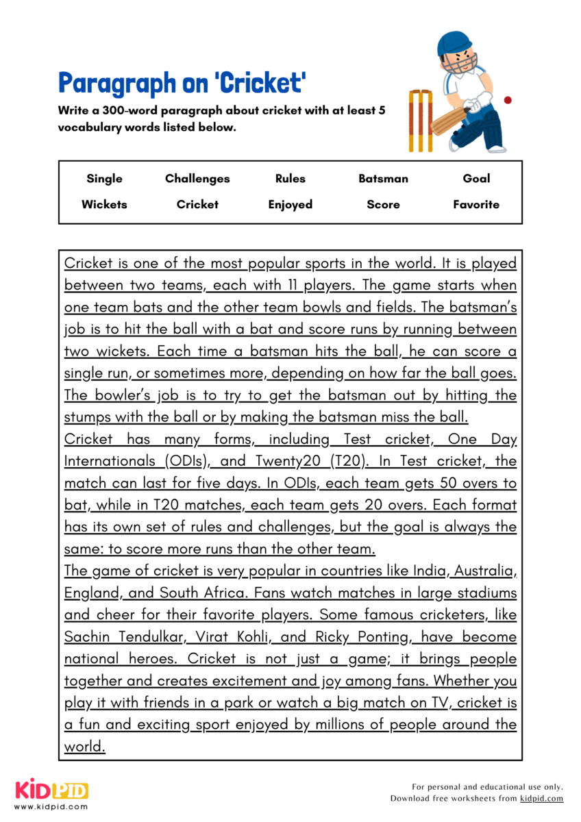 Paragraph on 'Cricket' - Kidpid