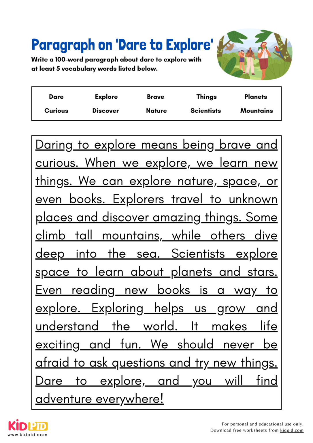 Paragraph on 'Dare to Explore' - Kidpid
