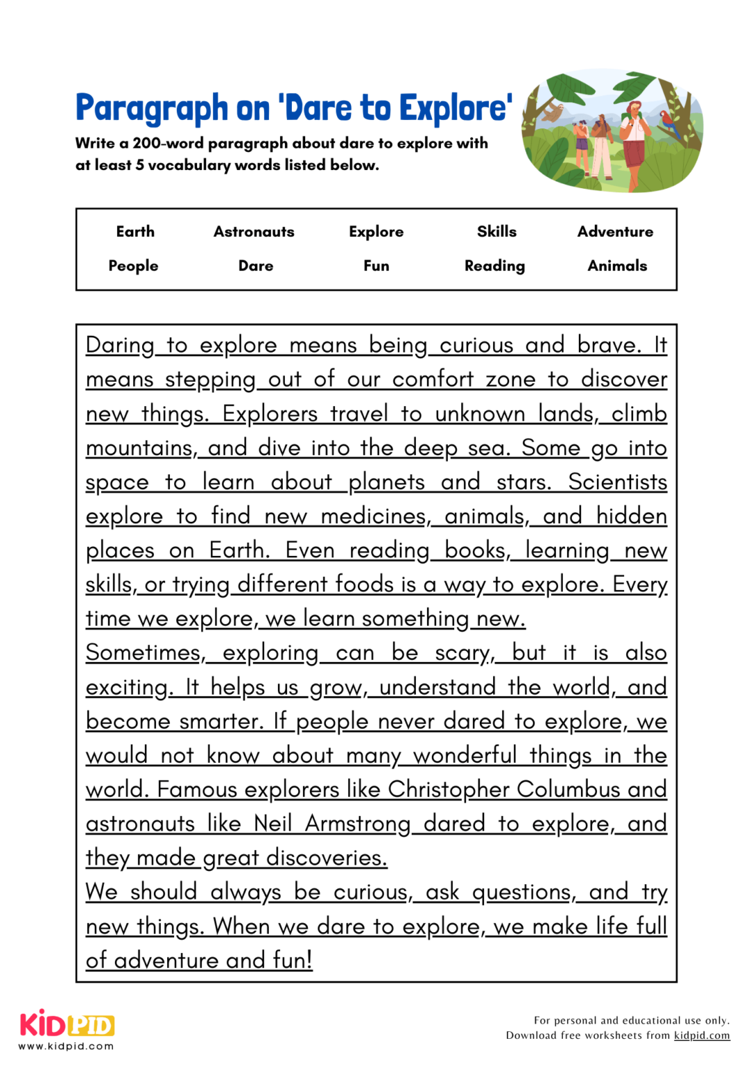 Paragraph on 'Dare to Explore' - Kidpid