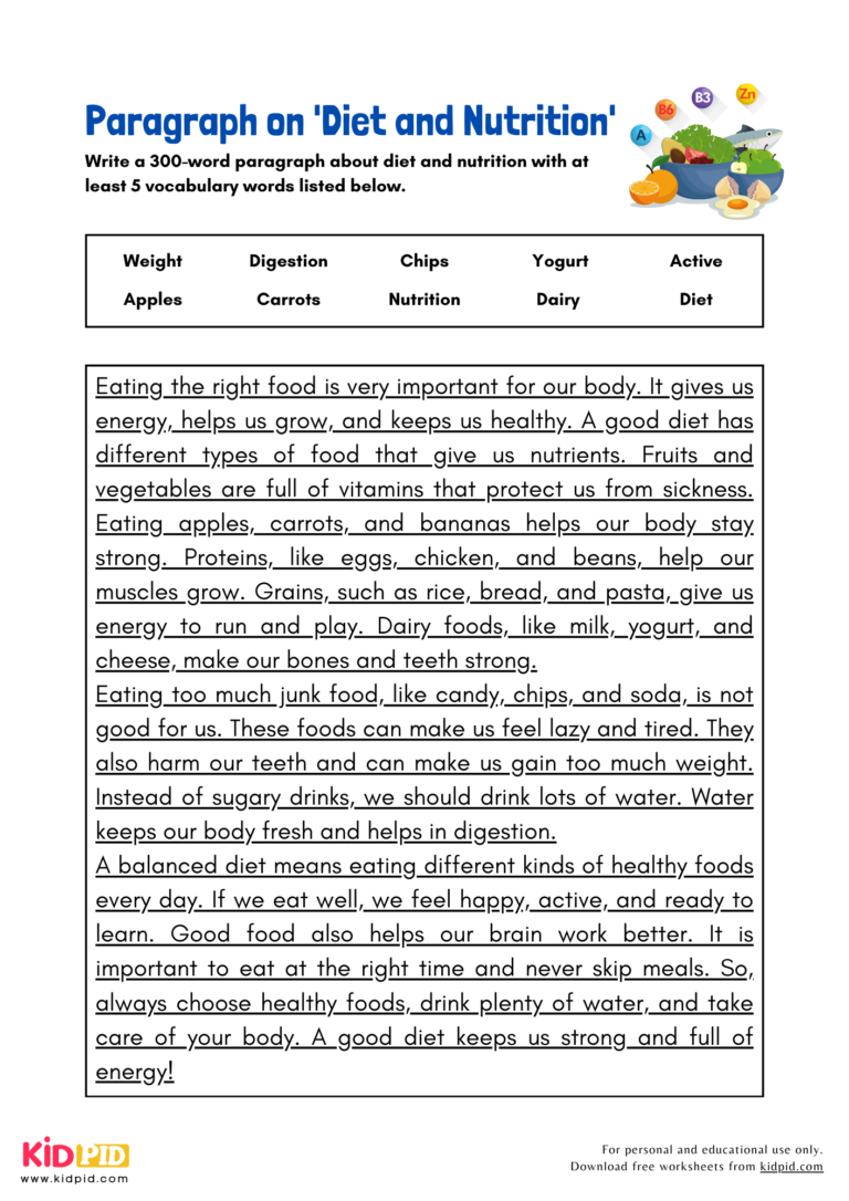 Paragraph on 'Diet and Nutrition' - Kidpid