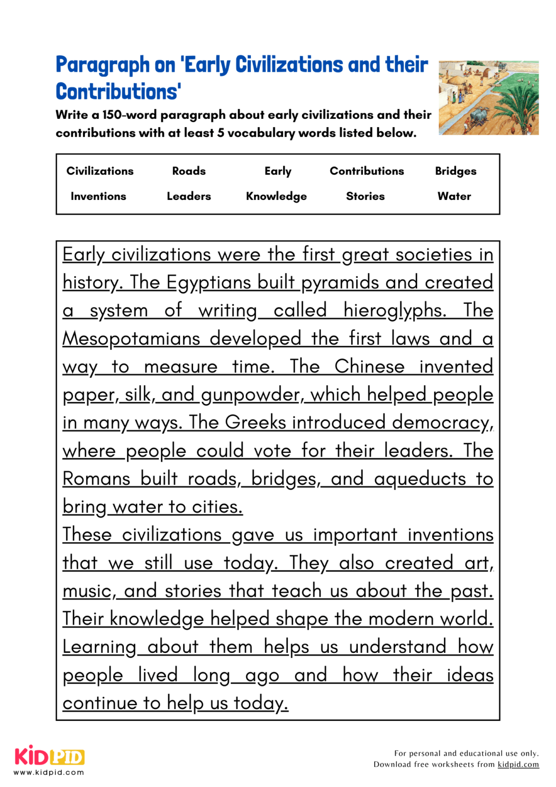 Paragraph on 'Early Civilizations and their Contributions' - Kidpid