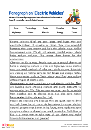 Paragraph on 'Electric Vehicles' - Kidpid