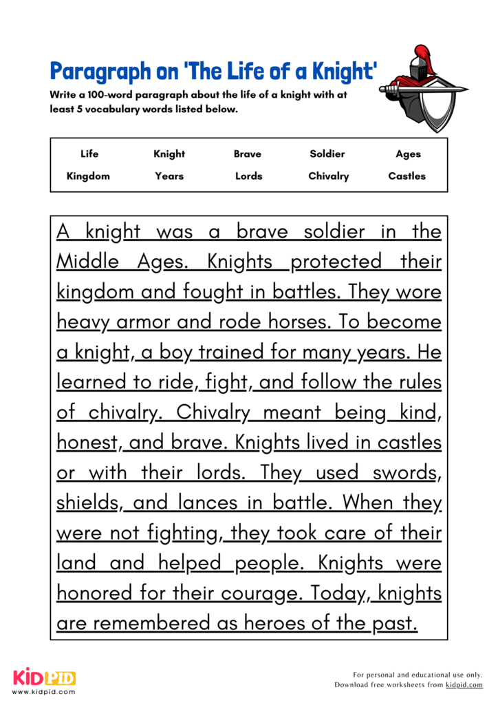Paragraph on 'The Life of a Knight' - Kidpid