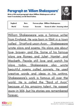 Paragraph on 'William Shakespeare' - Kidpid