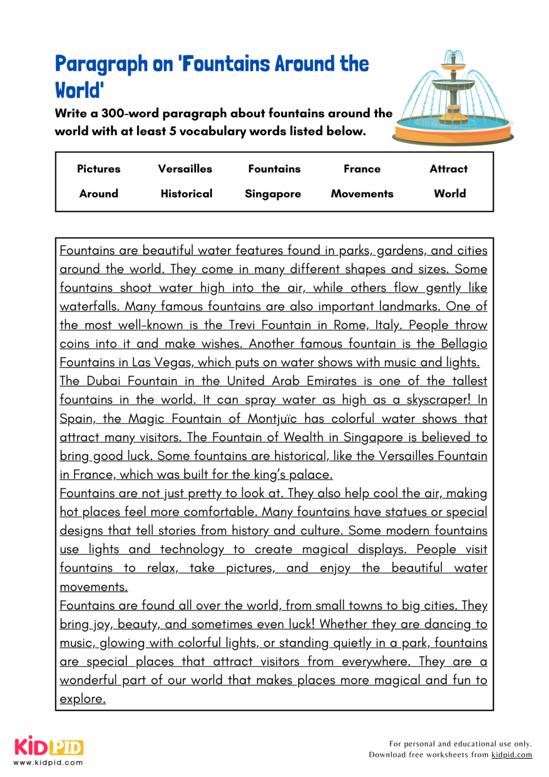 Paragraph on 'Fountains Around the World' - Kidpid