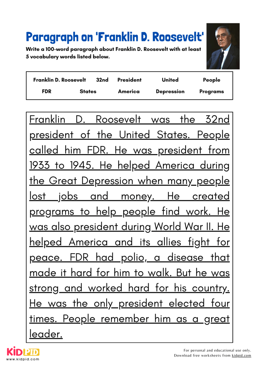 Paragraph on 'Franklin D. Roosevelt' - Kidpid