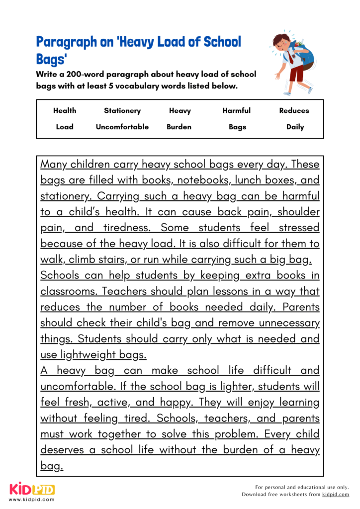 Paragraph on 'Heavy Load of School Bags' - Kidpid